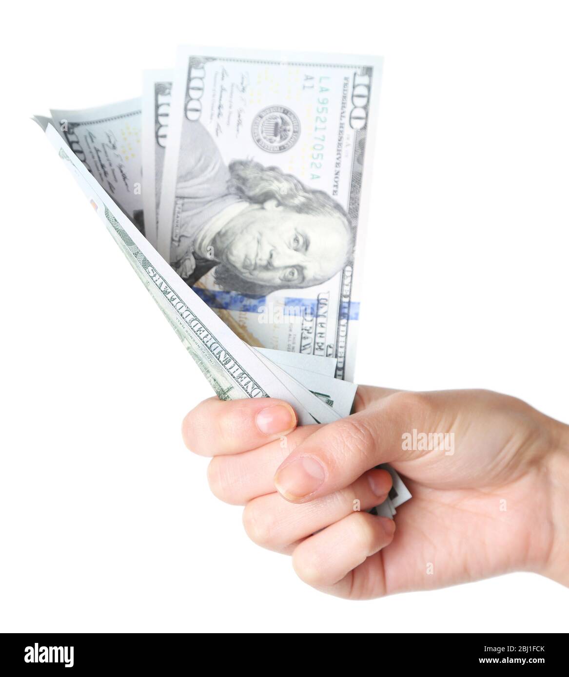Female hand holding dollars isolated on white Stock Photo - Alamy