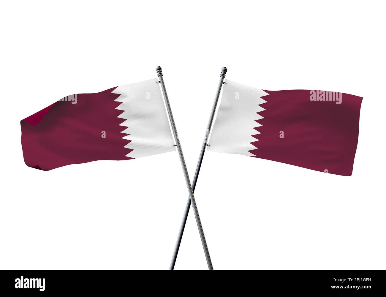 Qatar flags crossed isolated on a white background. 3D Rendering Stock ...