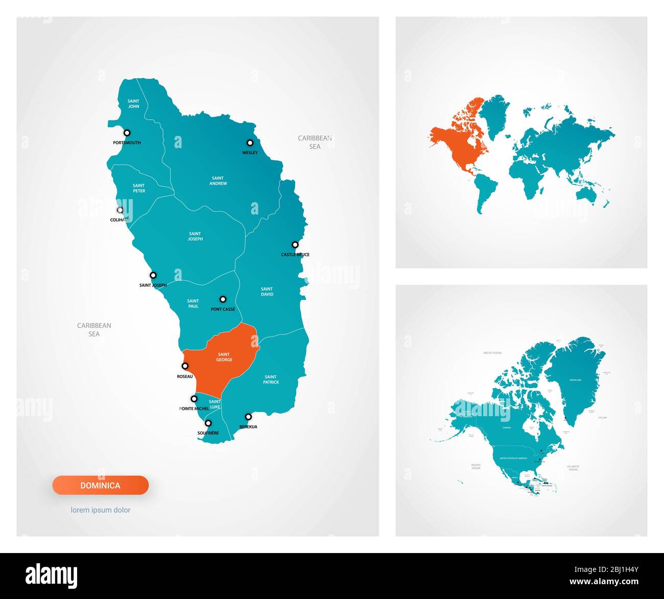 Editable template of map of Dominica with marks. Dominica on world map ...