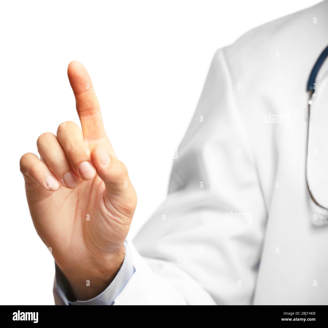 Doctor pointing his finger up isolated on white Stock Photo - Alamy