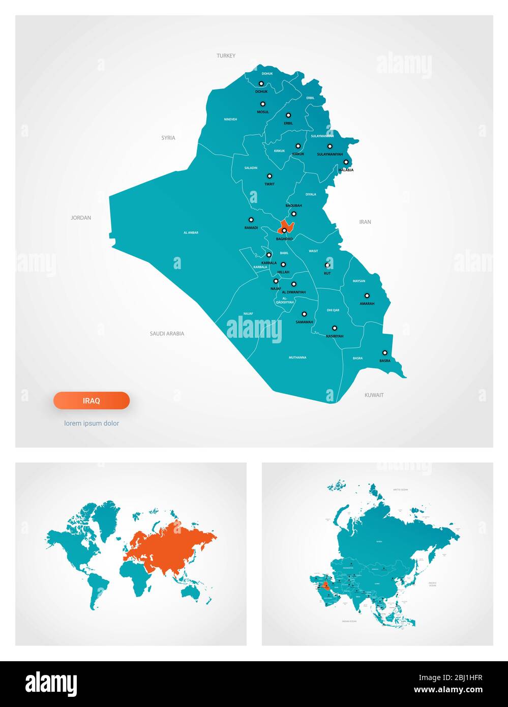 Editable template of map of Iraq with marks. Iraq on world map and on ...