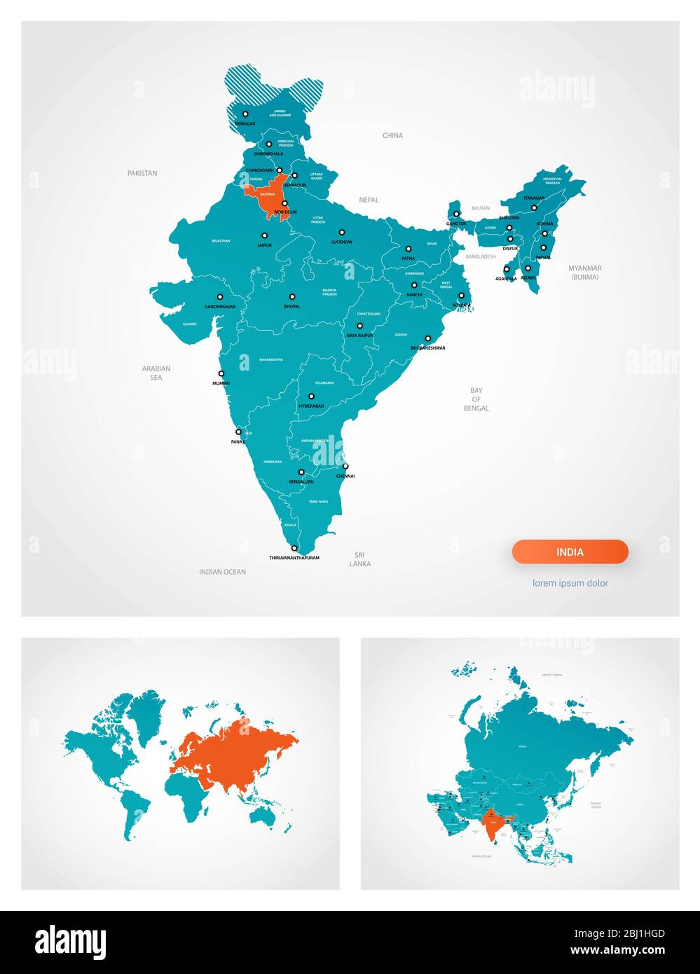 Editable template of map of India with marks. India on world map and on ...