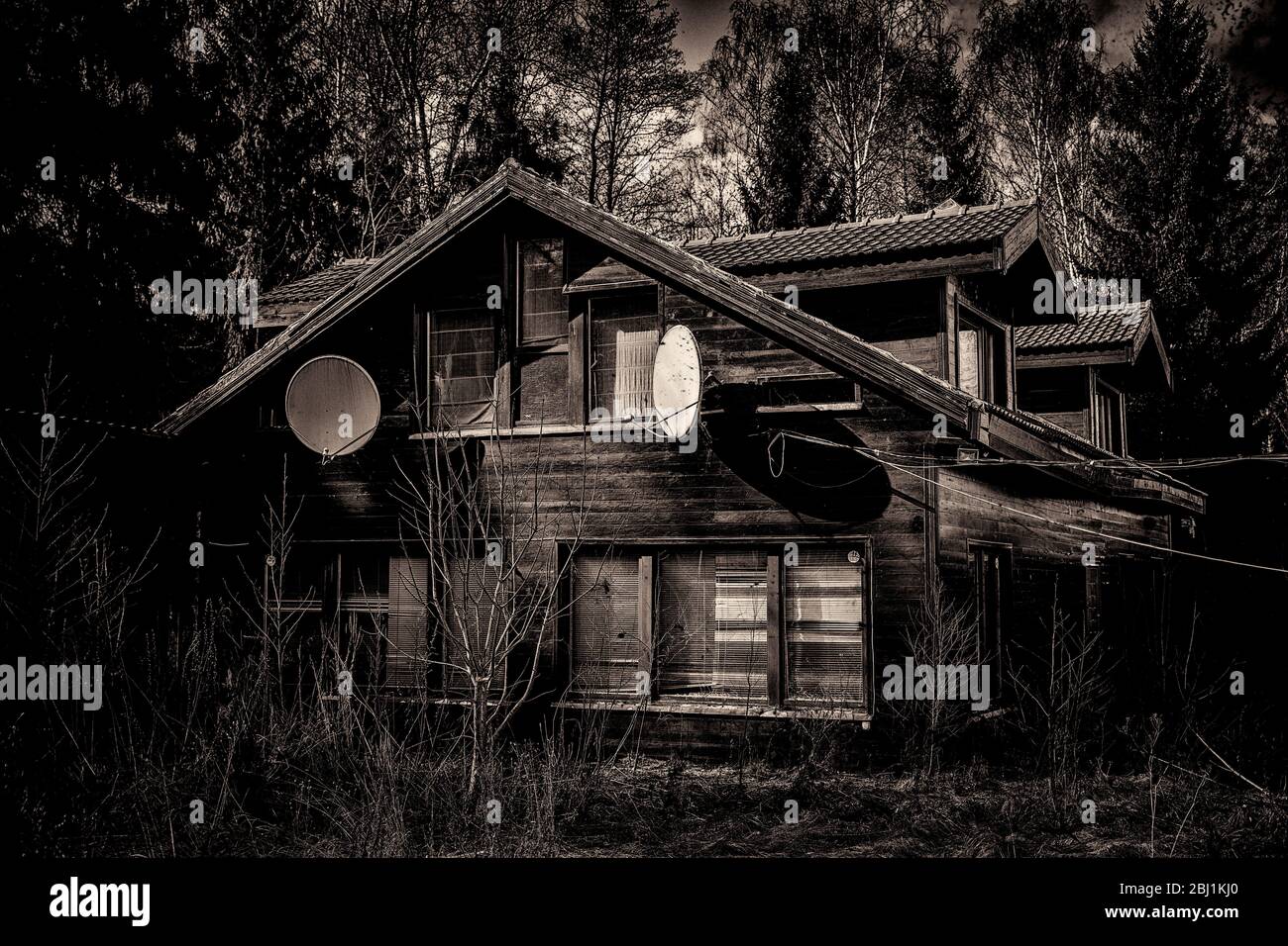 Old cursed house. Exterior of deserted building. Nobody around. Scaring ...