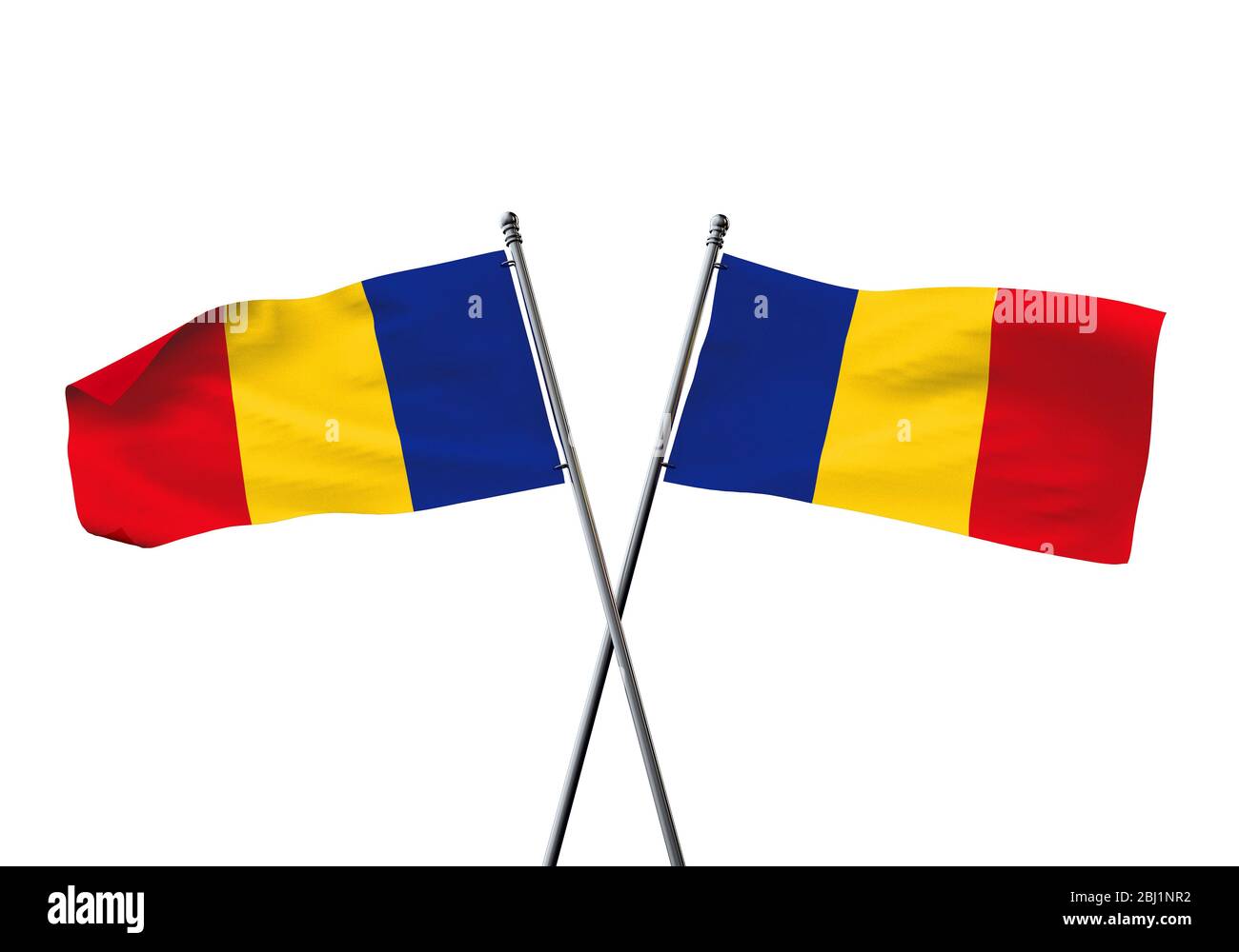 Romania flags crossed isolated on a white background. 3D Rendering ...