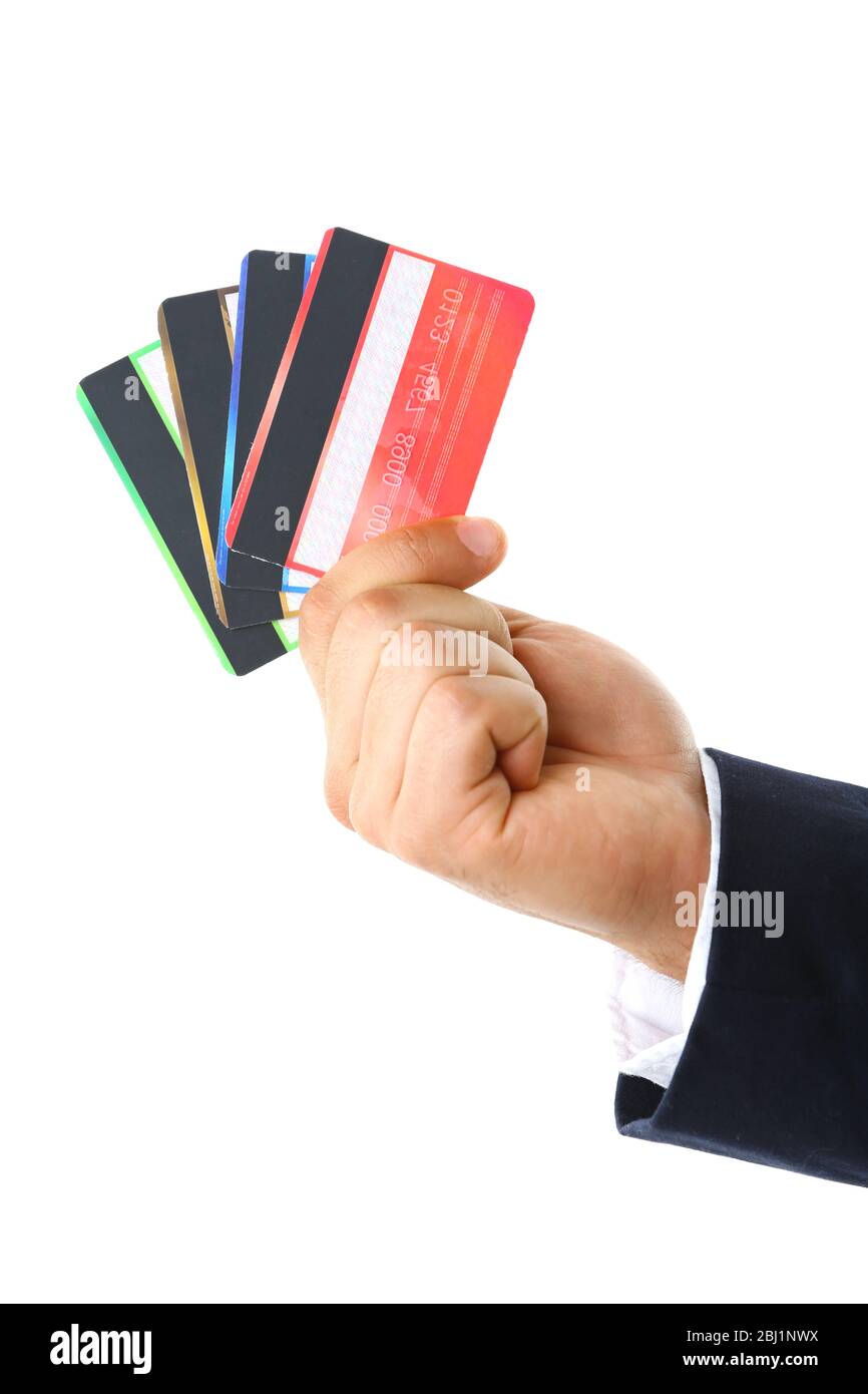 Hand holding credit cards, isolated on white Stock Photo - Alamy