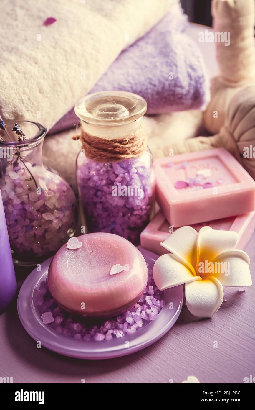 Spa treatments on colorful background Stock Photo - Alamy