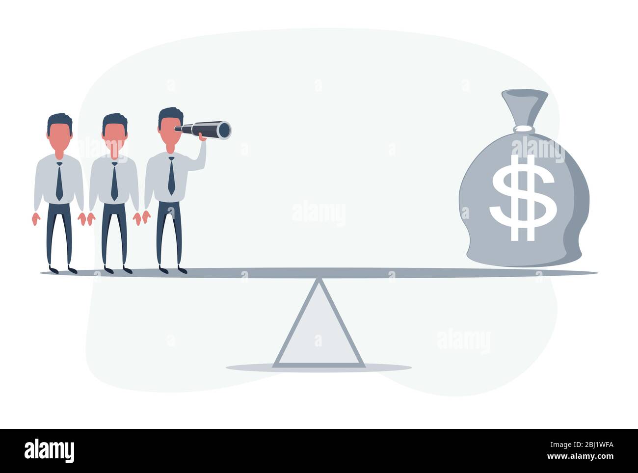 Businessman looking for big money on seesaw. Man using telescope ...