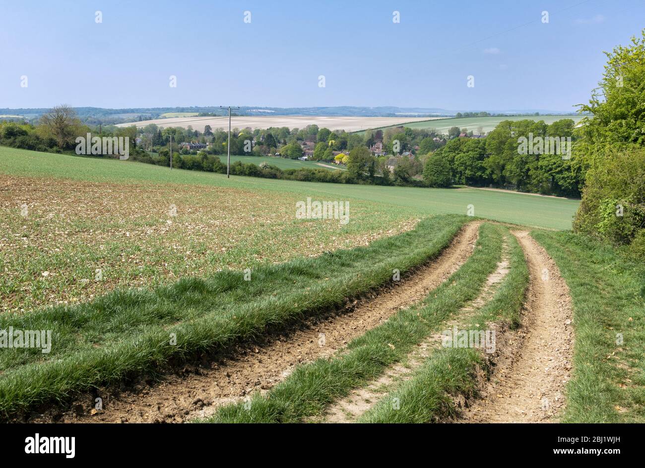 View from the Clarendon Way over the rustic village of Kings Somborne ...