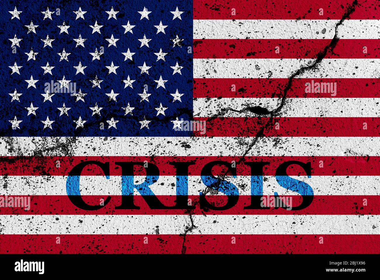 USA flag on cracked peeling off cracked paint texture. The concept of ...