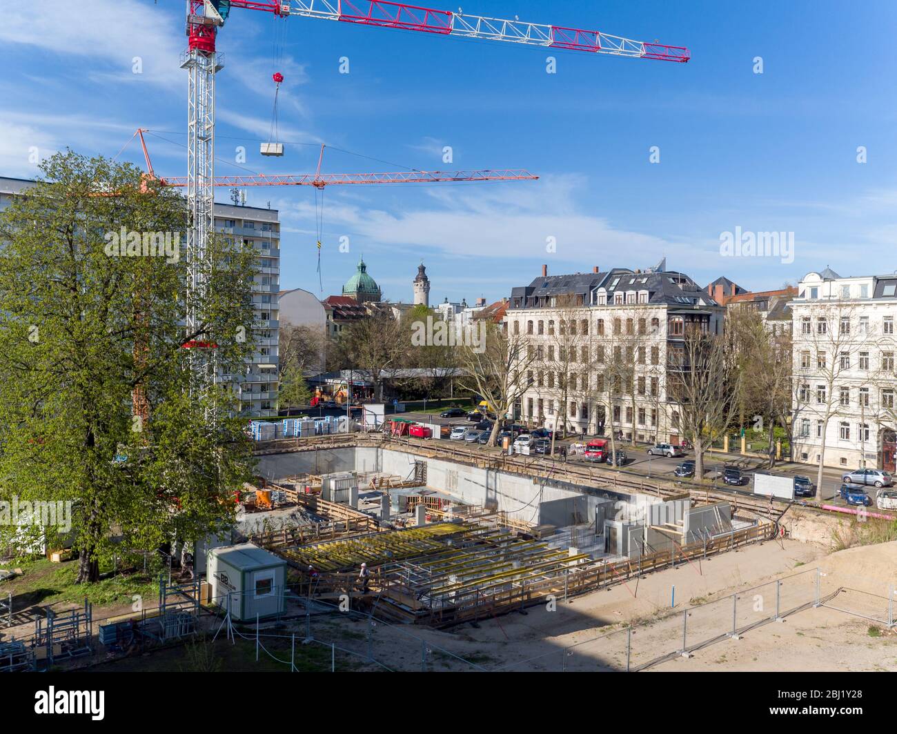 Leipzig, Germany. 15th Apr, 2020. Workers are constructing the ...
