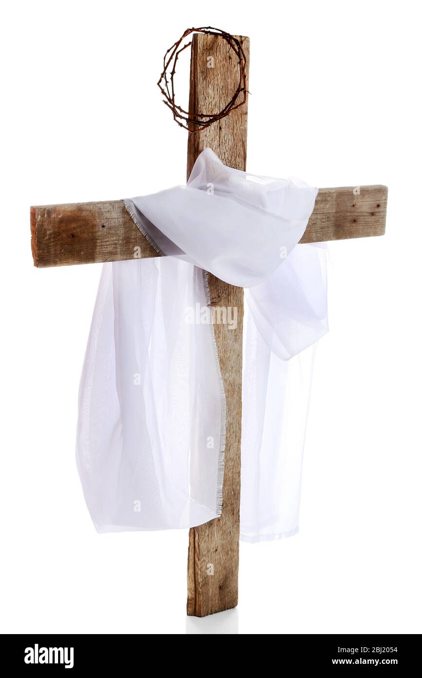 Cross with crown of thorns and cloth, isolated on white Stock Photo - Alamy