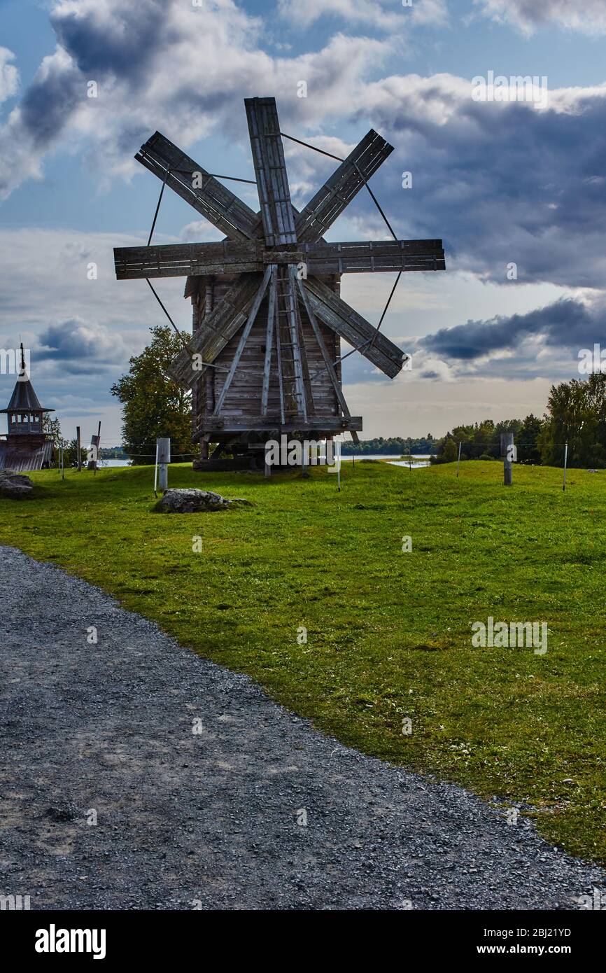 Antique windmill.Vintage windmill wooden mill with wind wheel blades ...