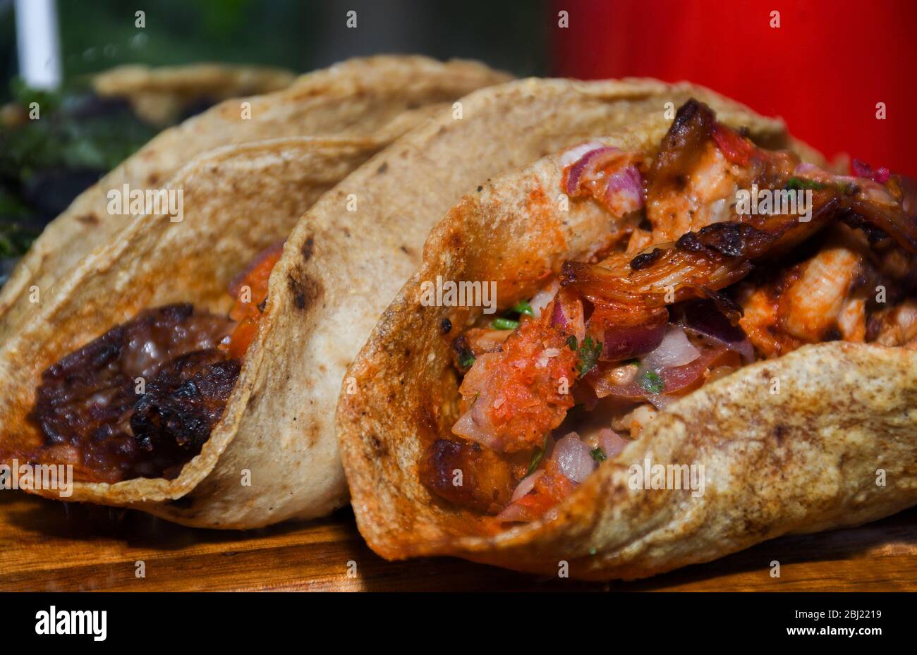 Street food displayed during food festival. Mexican, Indian, Asian ...
