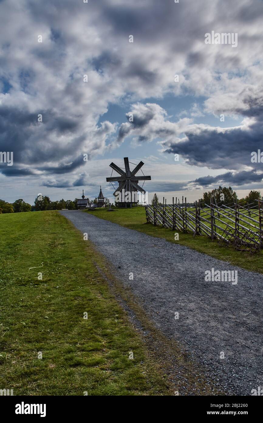 Antique windmill.Vintage windmill wooden mill with wind wheel blades ...