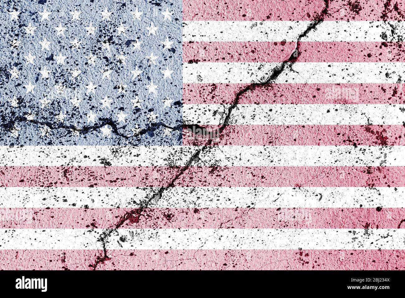 USA flag on cracked concrete wall. The concept of crisis, default ...