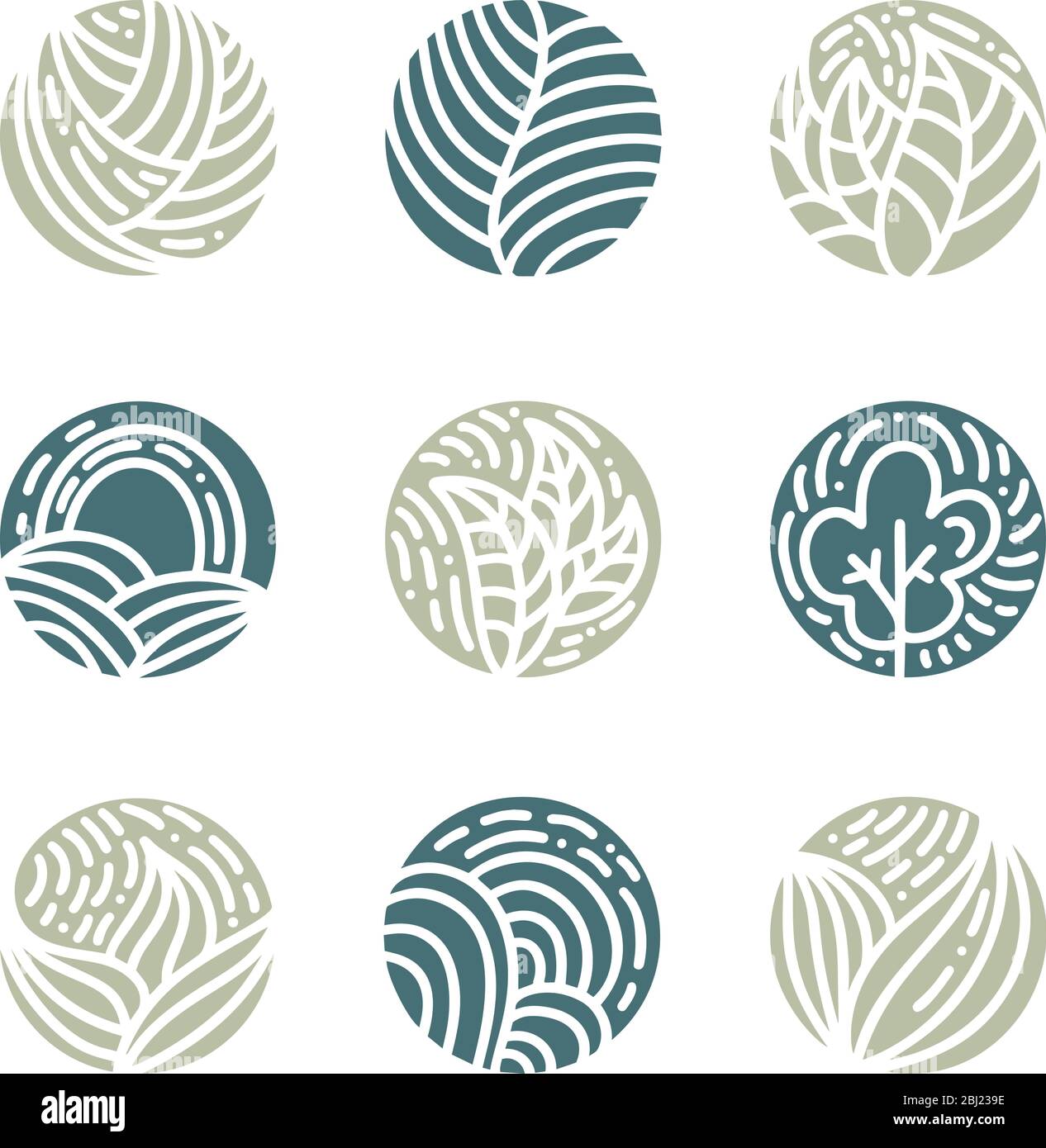 Set of tropical plant green leaves logo. Round bio emblem in a circle ...