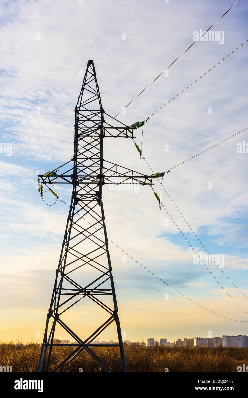power electricity pole in city energy infrastructure lines Stock Photo ...