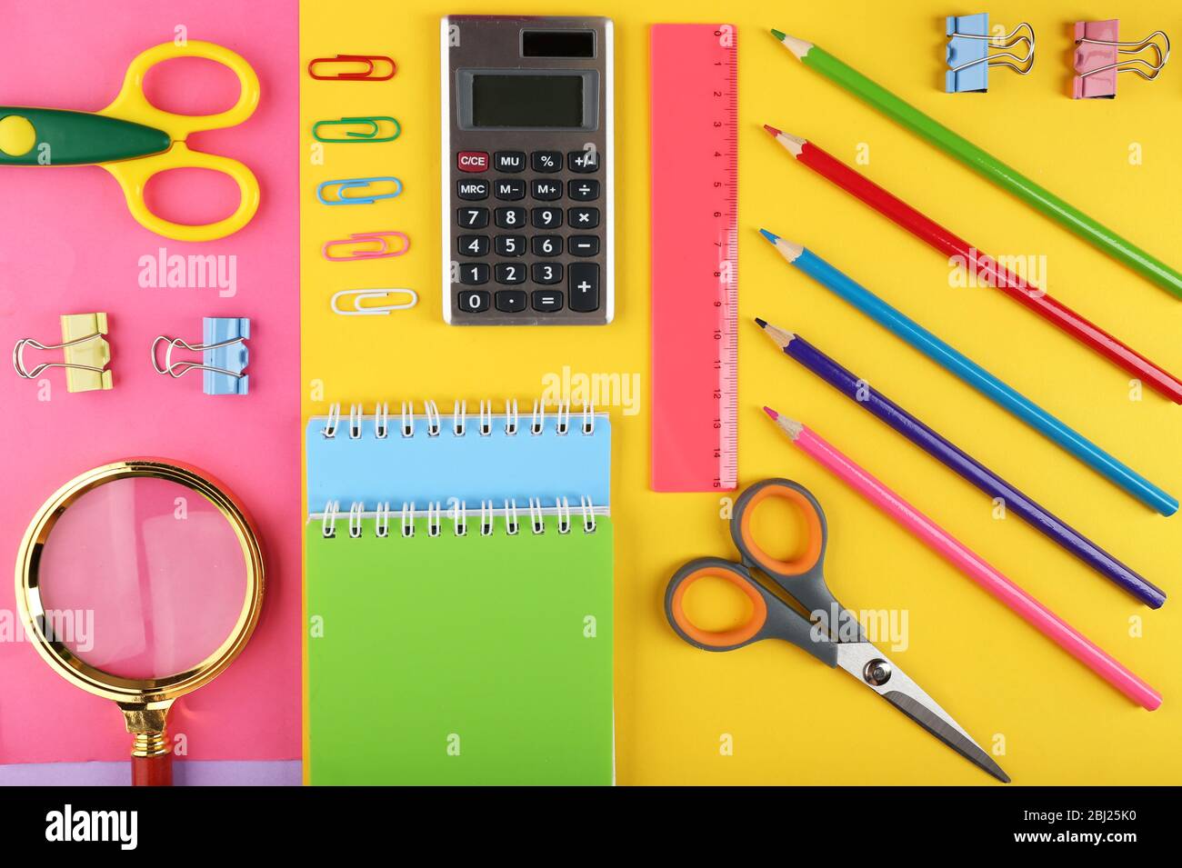 Bright stationery objects on table close up Stock Photo - Alamy