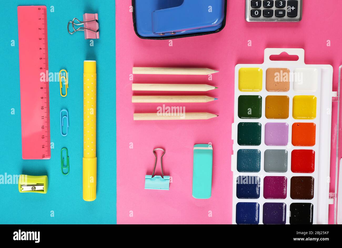 Bright stationery objects on table close up Stock Photo - Alamy