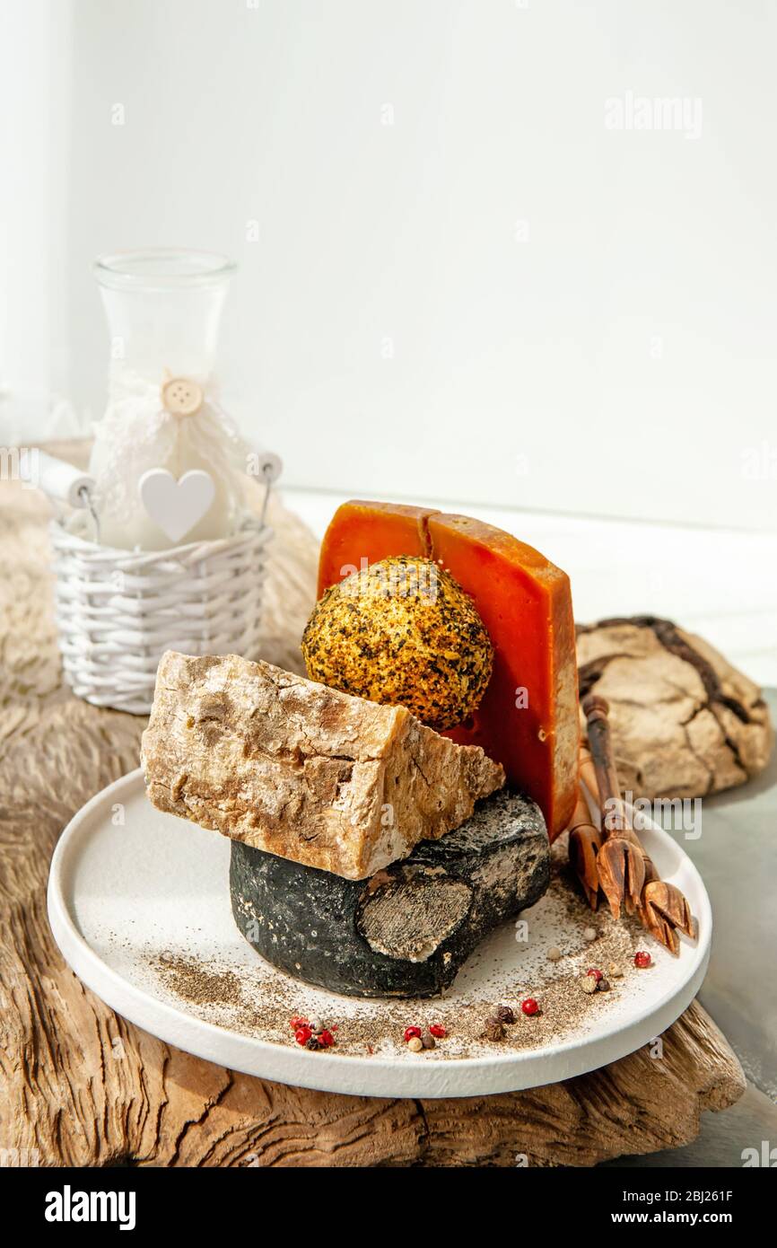 Various types of cheese composition-Stilton, Cheddar, Belper knoll ...