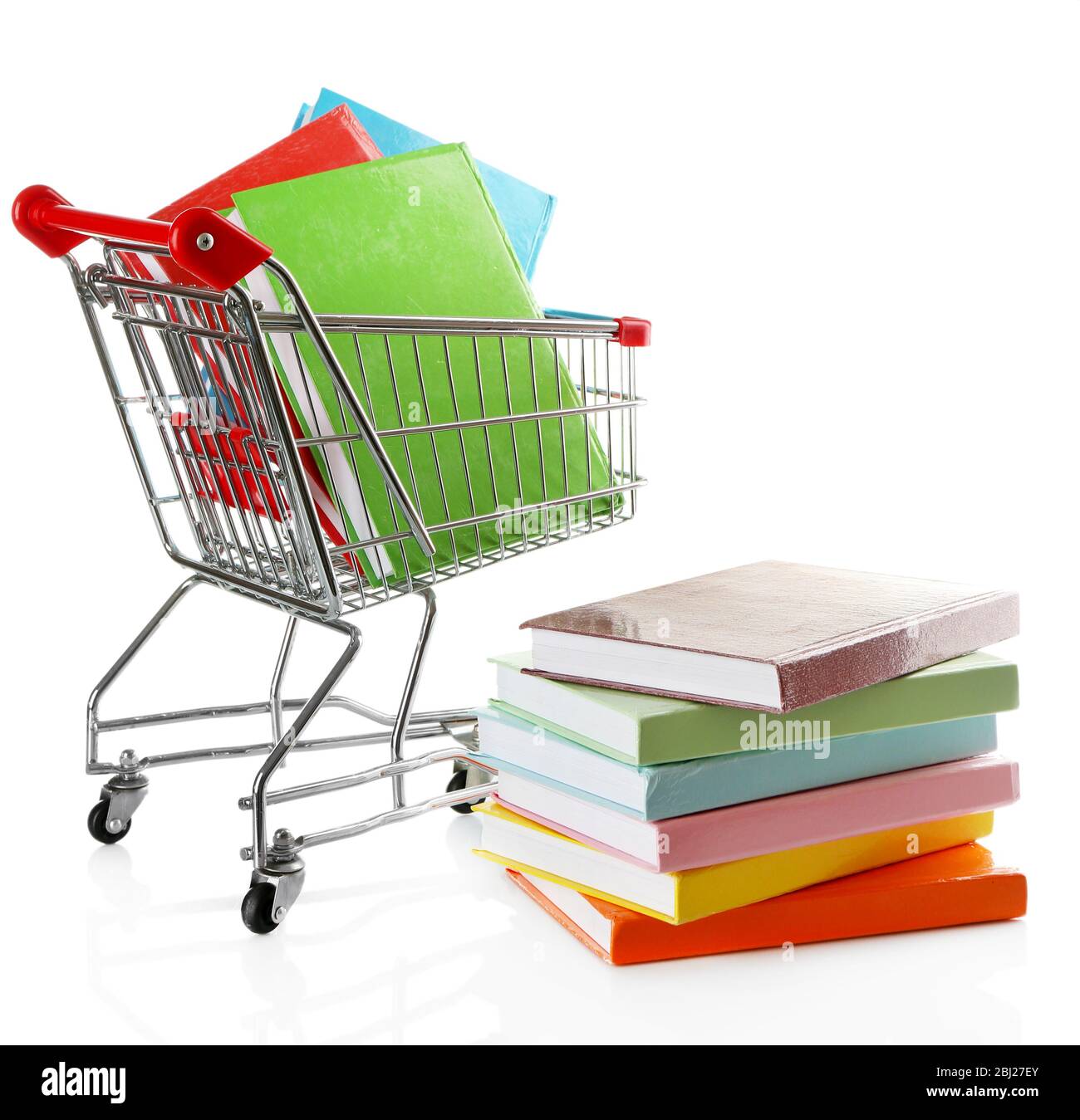 Shopping cart with books isolated on white Stock Photo - Alamy