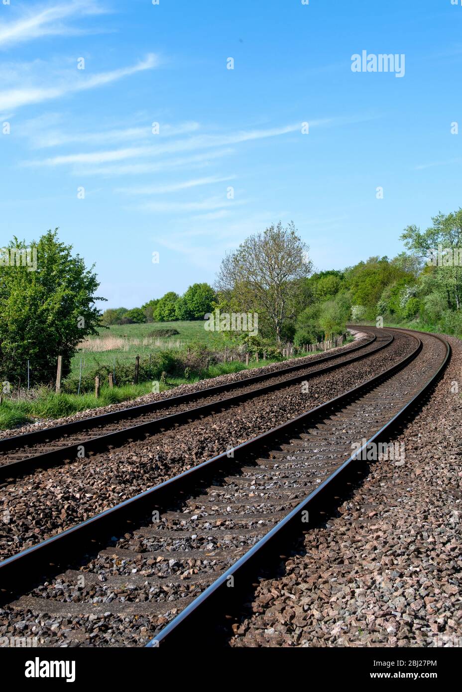 vertical perspective view of parallel railroad tracks running round a ...
