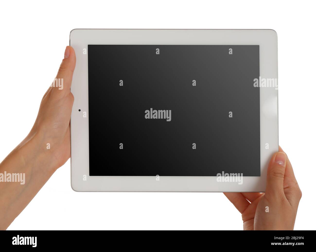 Female hands holding tablet with blank screen isolated on white Stock ...