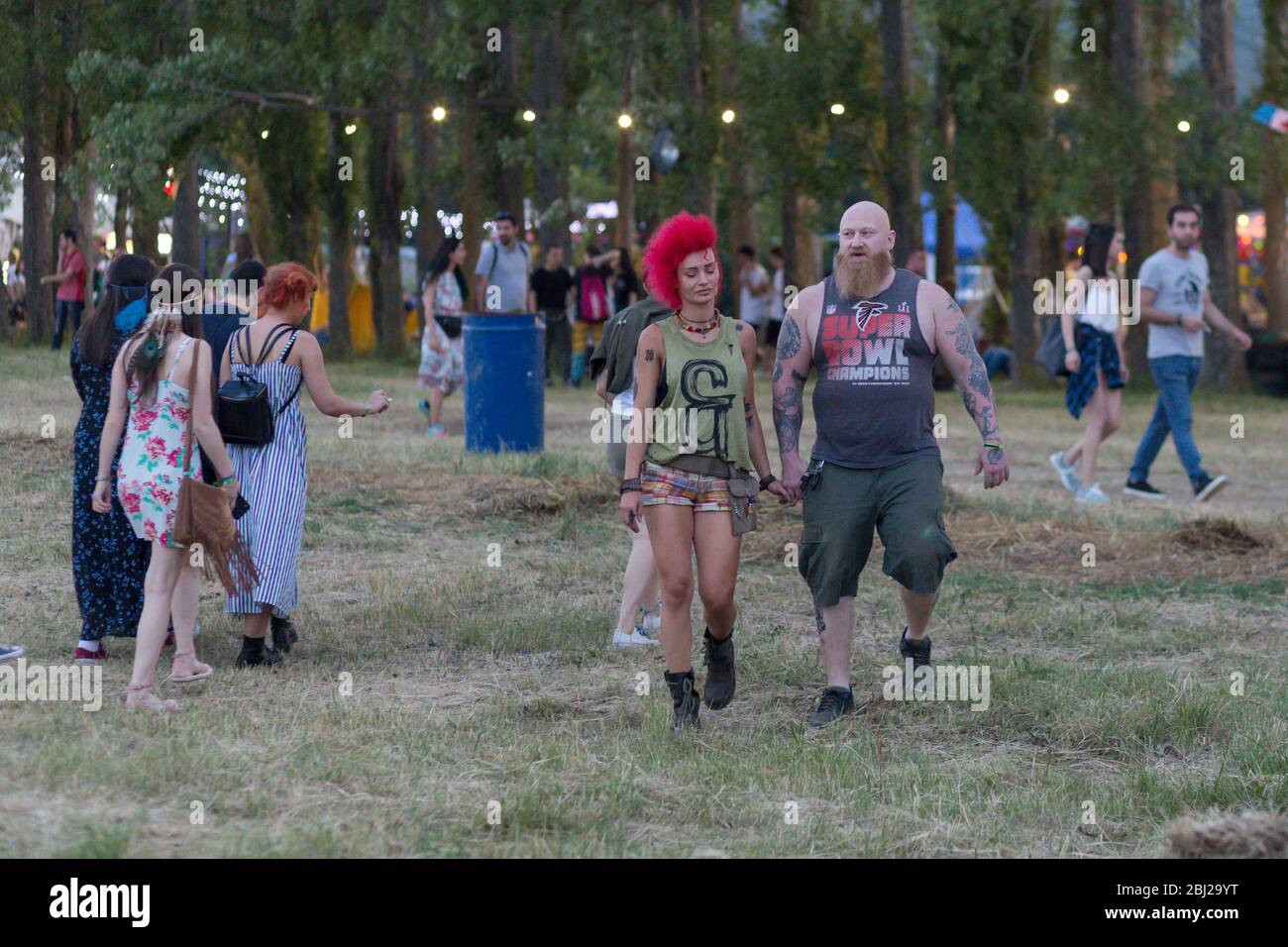 Audience with hands raised at a music festival and lights streaming ...