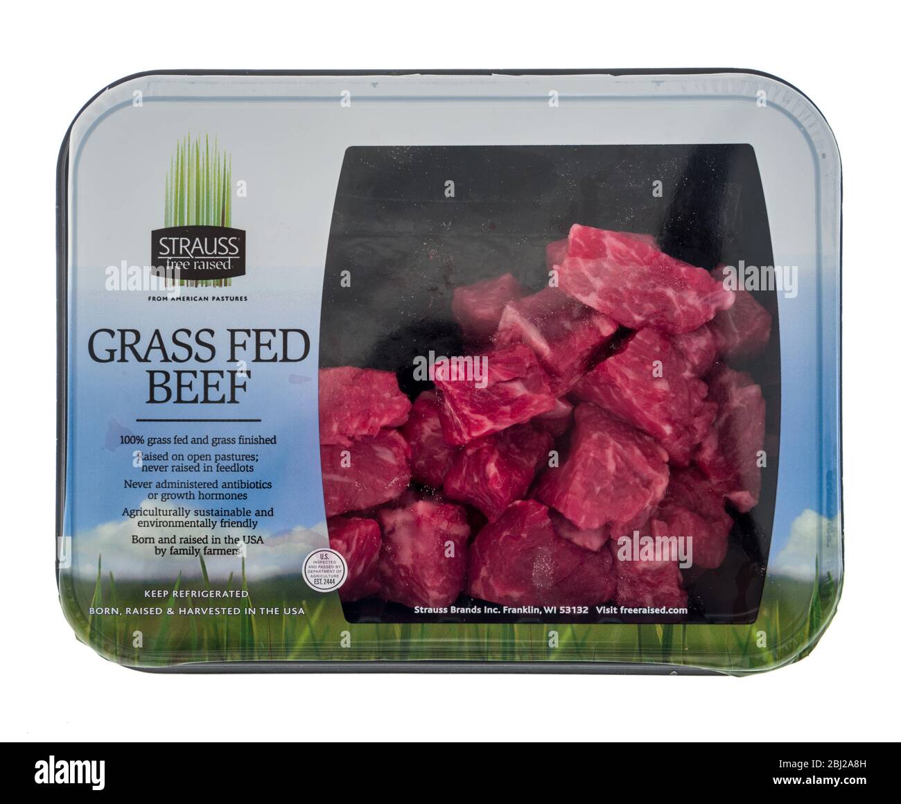 Winneconne, WI - 26 April 2020: A package of Strauss free raised grass ...