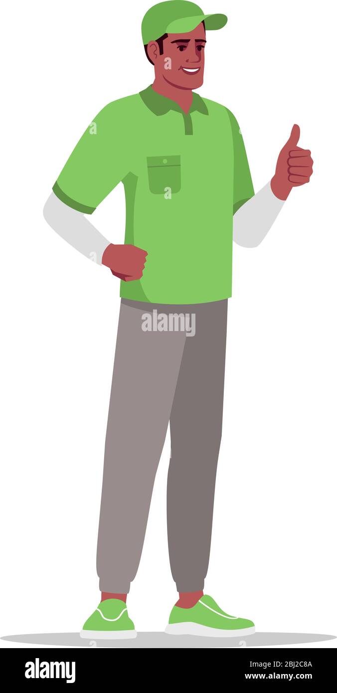 Deliveryman in green uniform semi flat RGB color vector illustration ...
