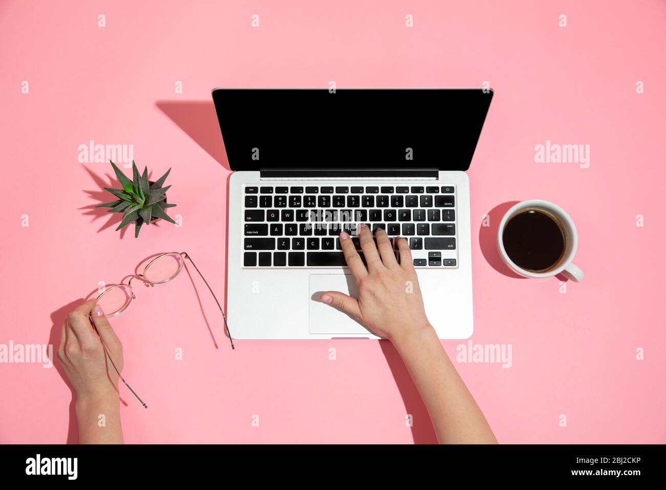 Typing text. Hand using gadgets, device on top view, blank screen with ...