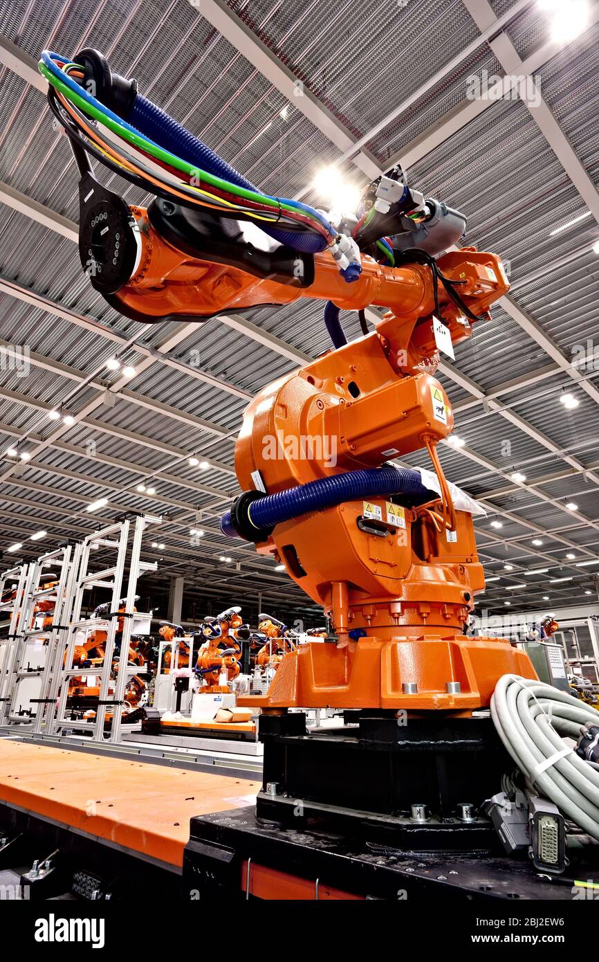 Robotic manipulator arm with spot welding attachment as used in vehicle ...