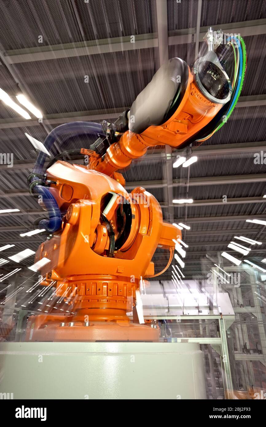 Robotic manipulator arm with spot welding attachment as used in vehicle ...