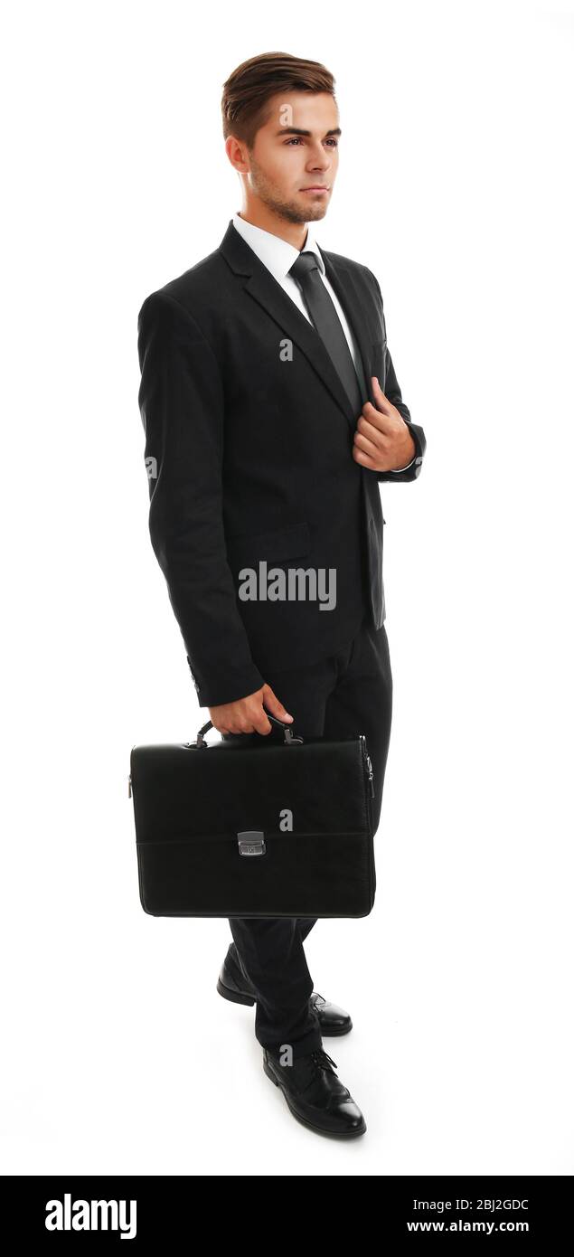 Elegant man in suit with briefcase isolated on white Stock Photo - Alamy