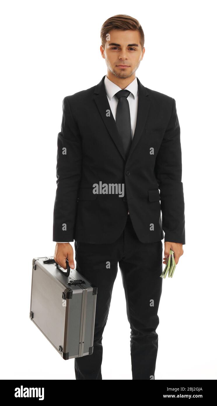 Elegant man holding case with money isolated on white Stock Photo - Alamy