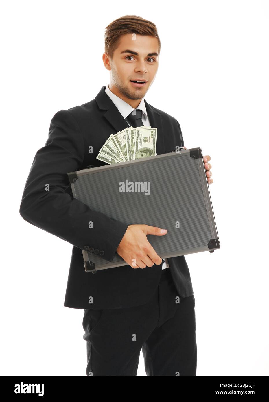 Elegant man holding case with money isolated on white Stock Photo - Alamy