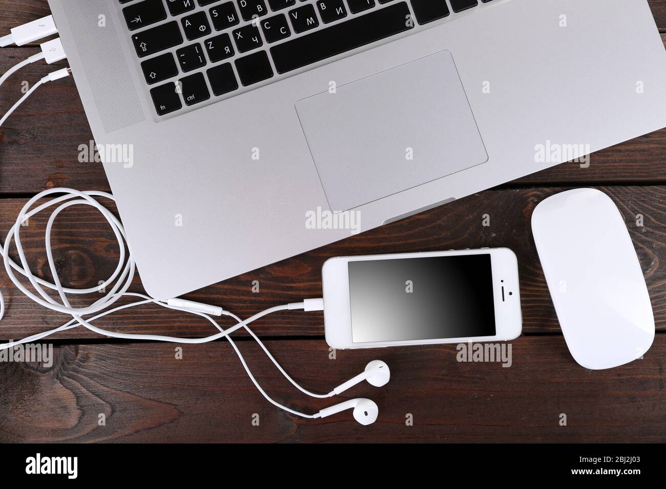 Computer peripherals and laptop accessories on wooden background Stock ...