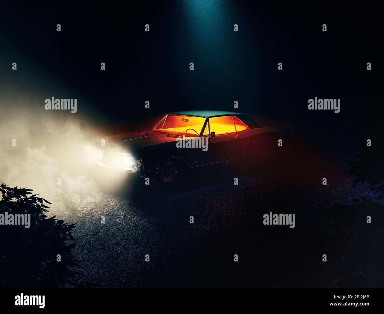 The car in the shadows with glowing lights in low light, mistery ...