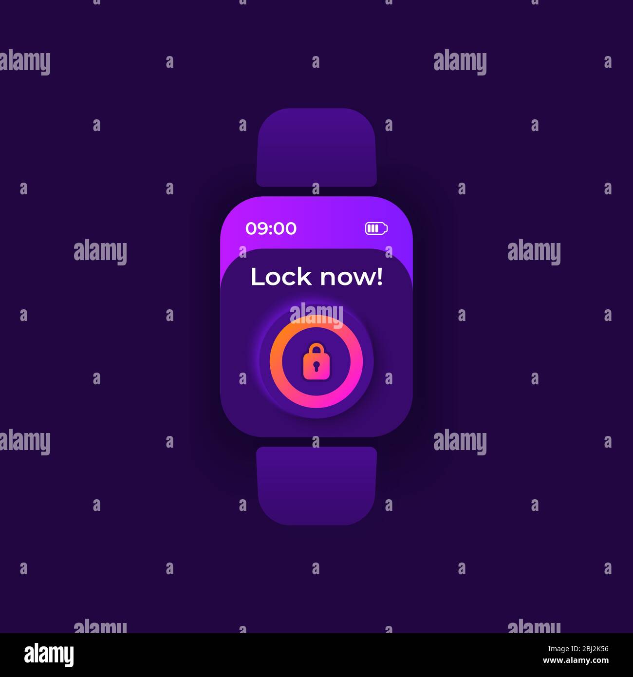 Smart security smartwatch interface vector template. IOT mobile app notification night mode ...