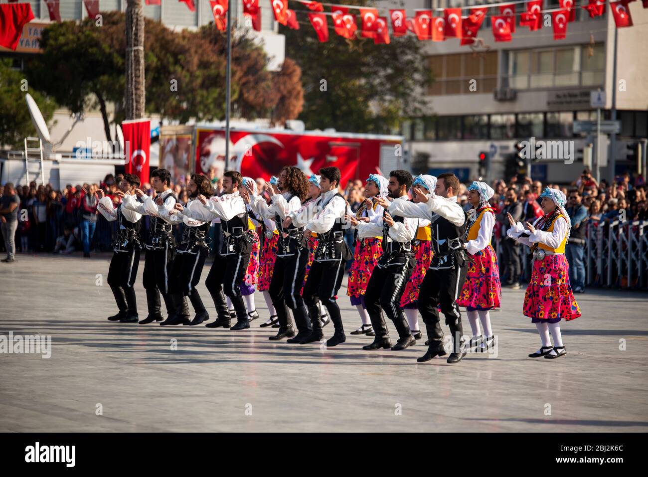 Izmir, Turkey - October 29 , 2019: Horon dancers at Celebrations of the ...