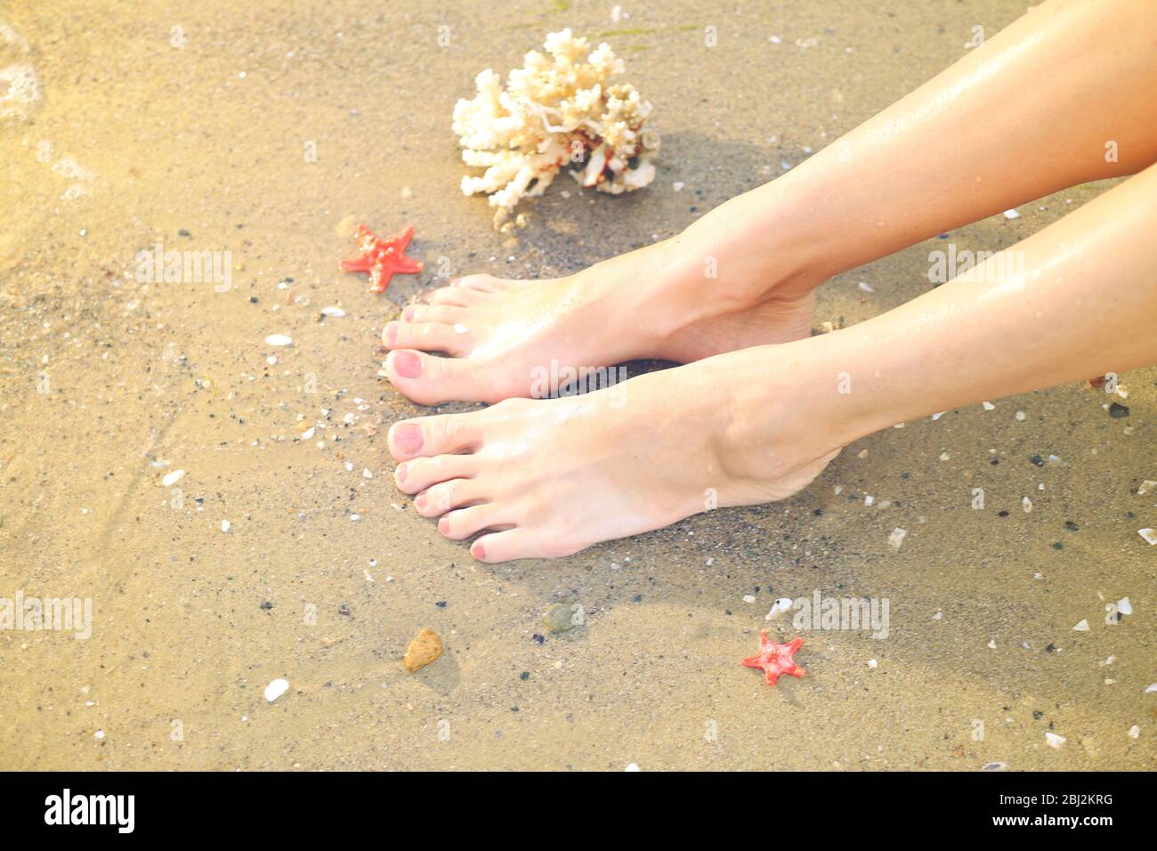 Female legs with shells on sand beach Stock Photo - Alamy