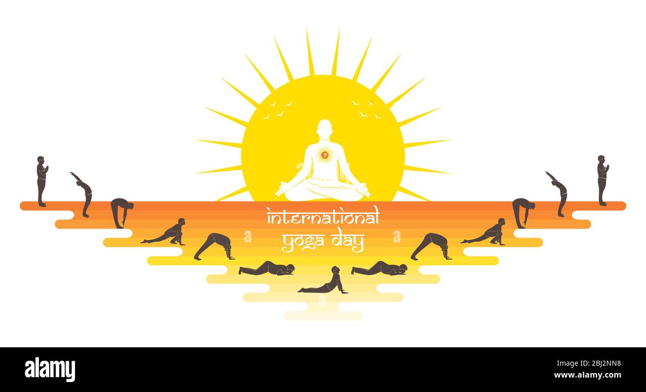 Illustration of international yoga day, sun salutation yoga in sunrise ...