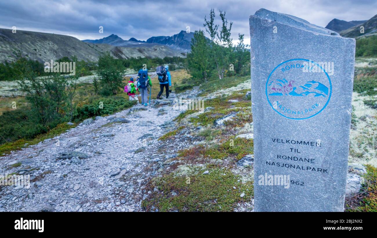 Norway, in the summer, hiking in Rondane National park with children ...
