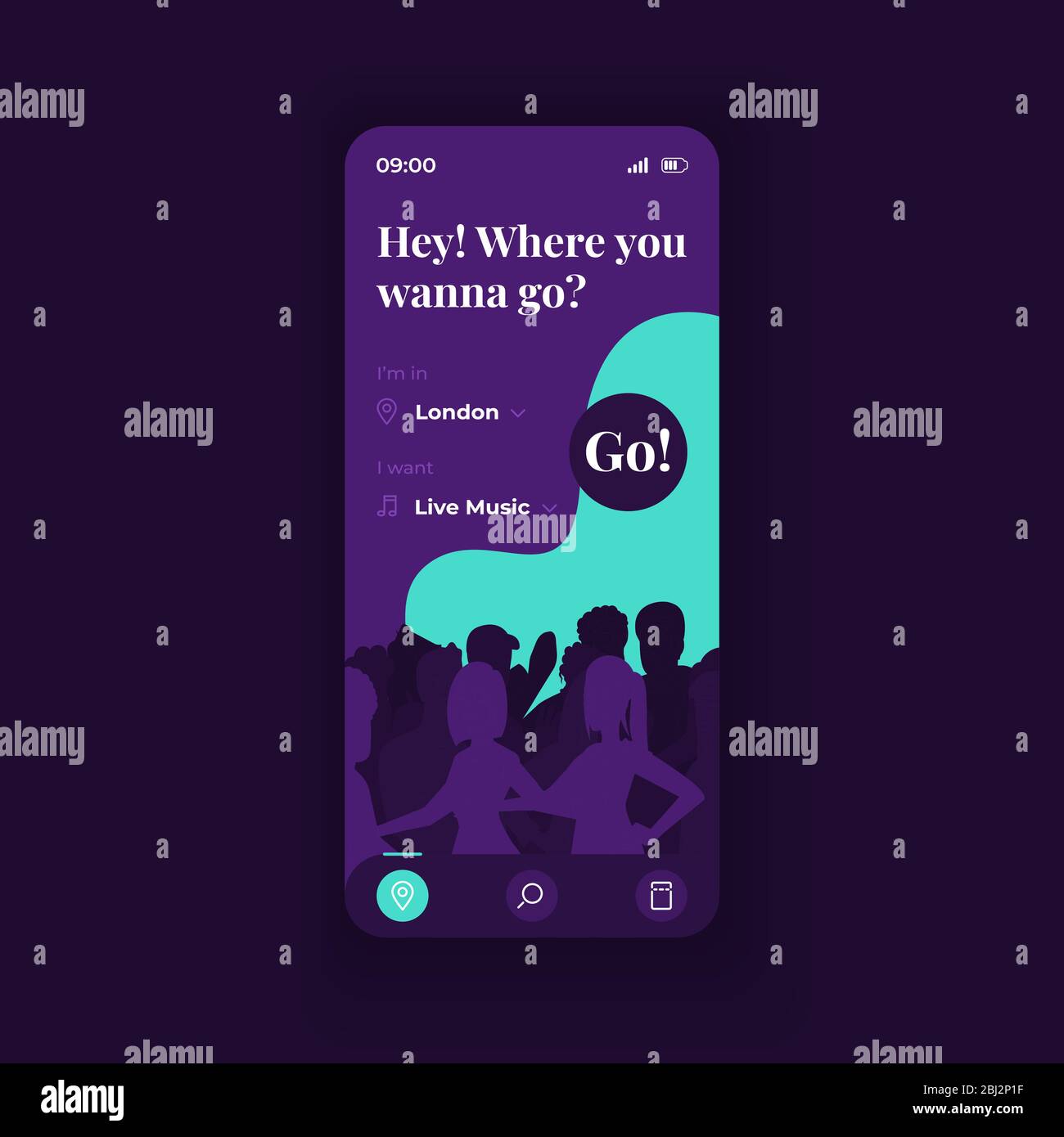 Music events application smartphone interface vector template. Mobile ...