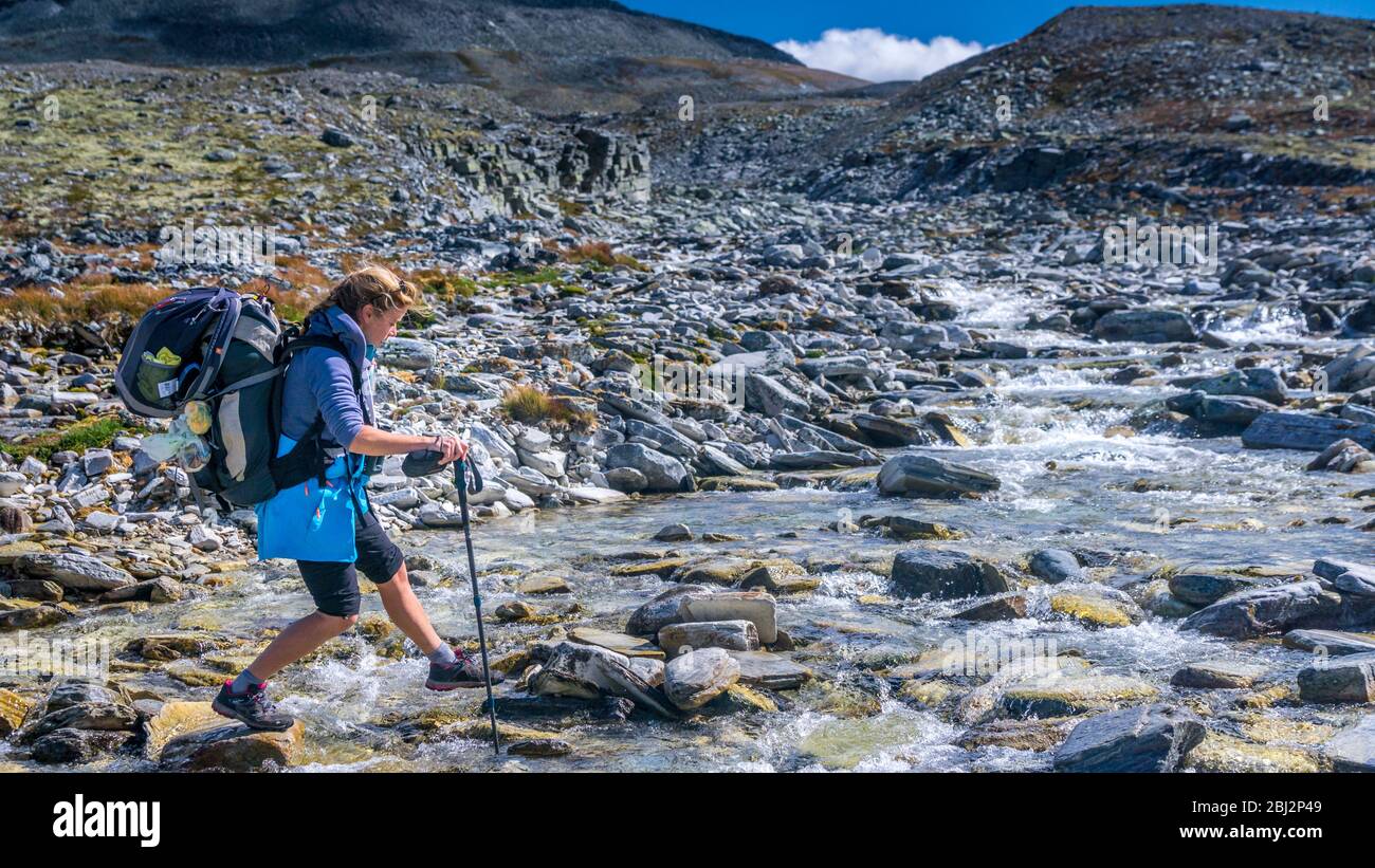 Norway, in the summer, hiking in Rondane National park with children ...