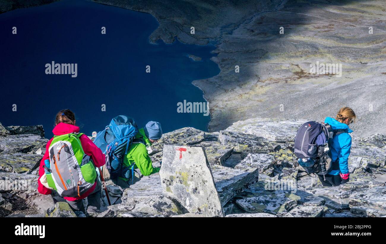 Norway, in the summer, hiking in Rondane National park with children ...
