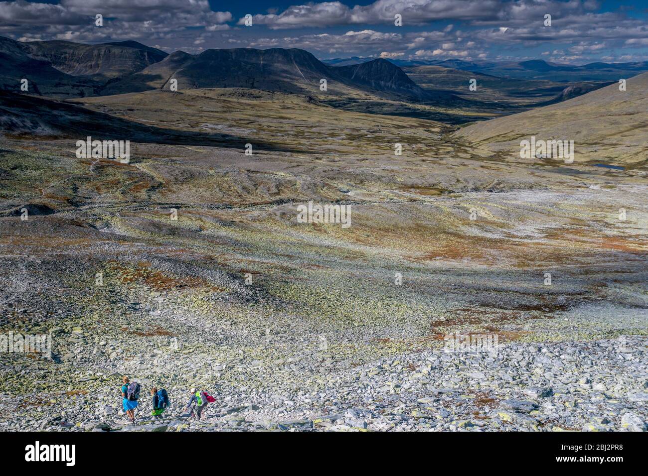 Norway, in the summer, hiking in Rondane National park with children ...