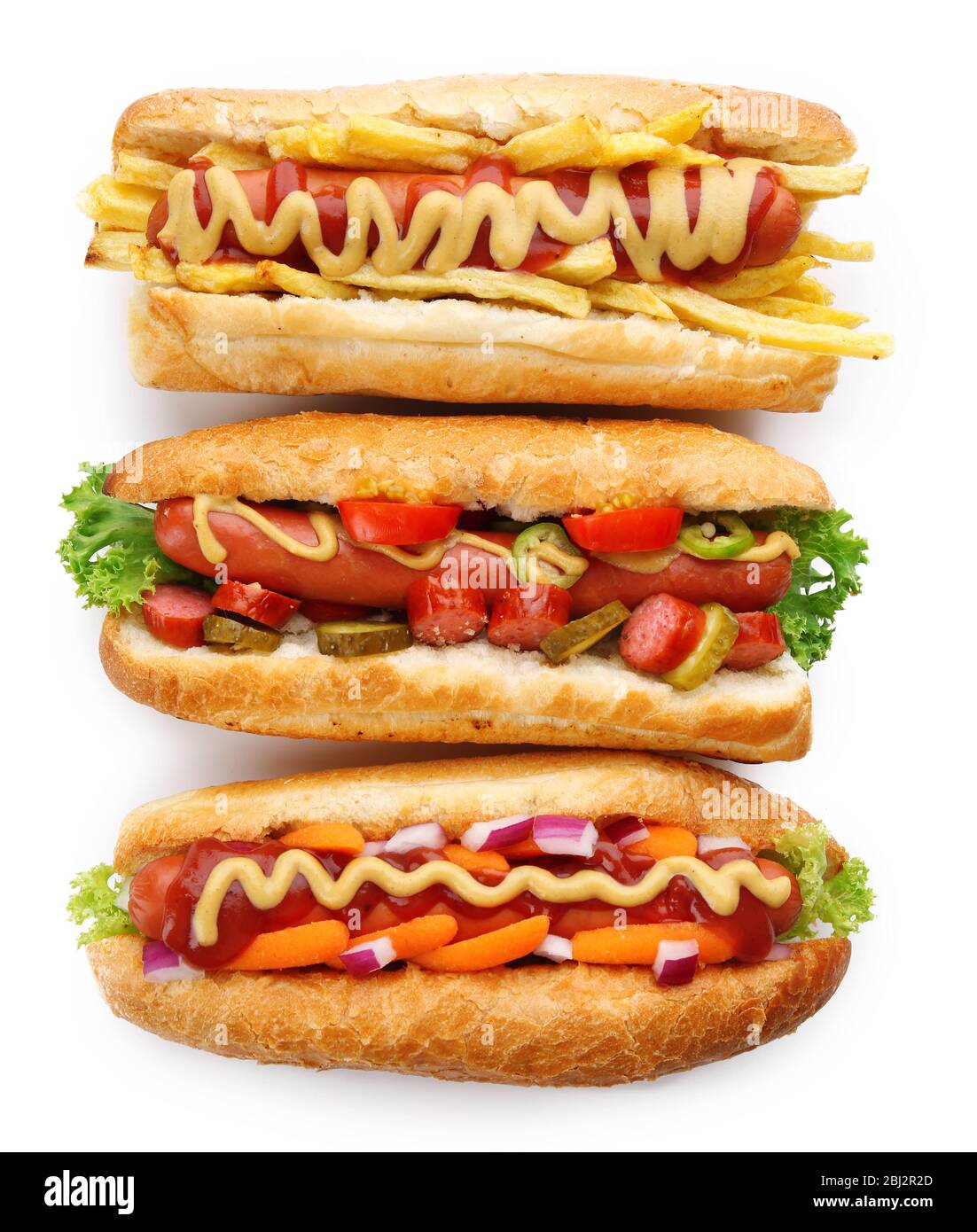 Three fresh hot dogs isolated on white Stock Photo - Alamy