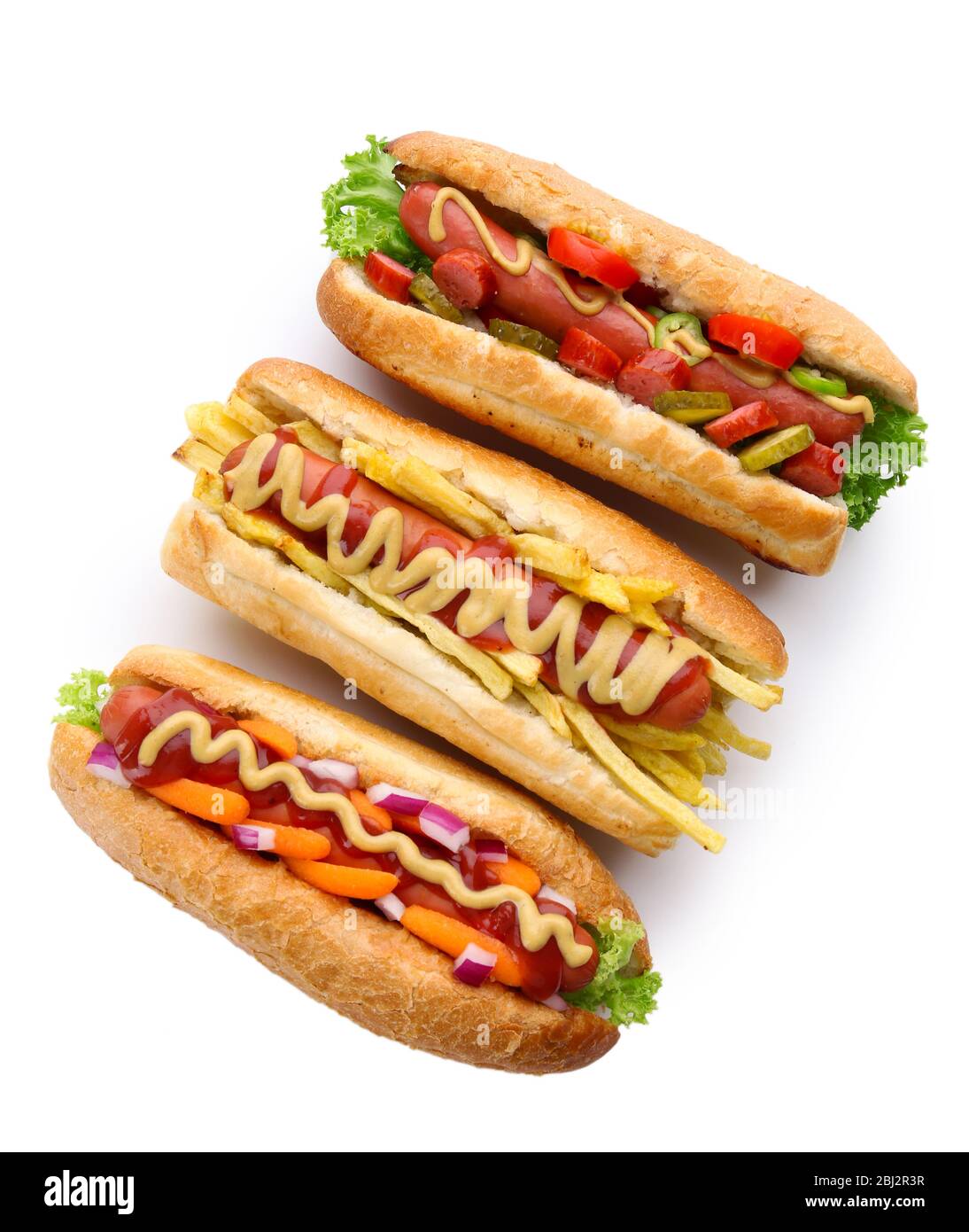 Three fresh hot dogs isolated on white Stock Photo - Alamy
