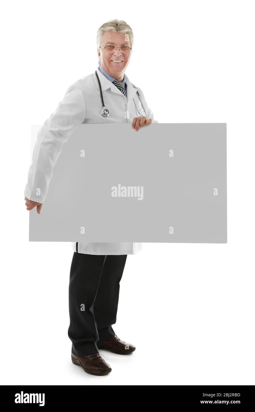 Doctor holding blank card board isolated on white Stock Photo - Alamy